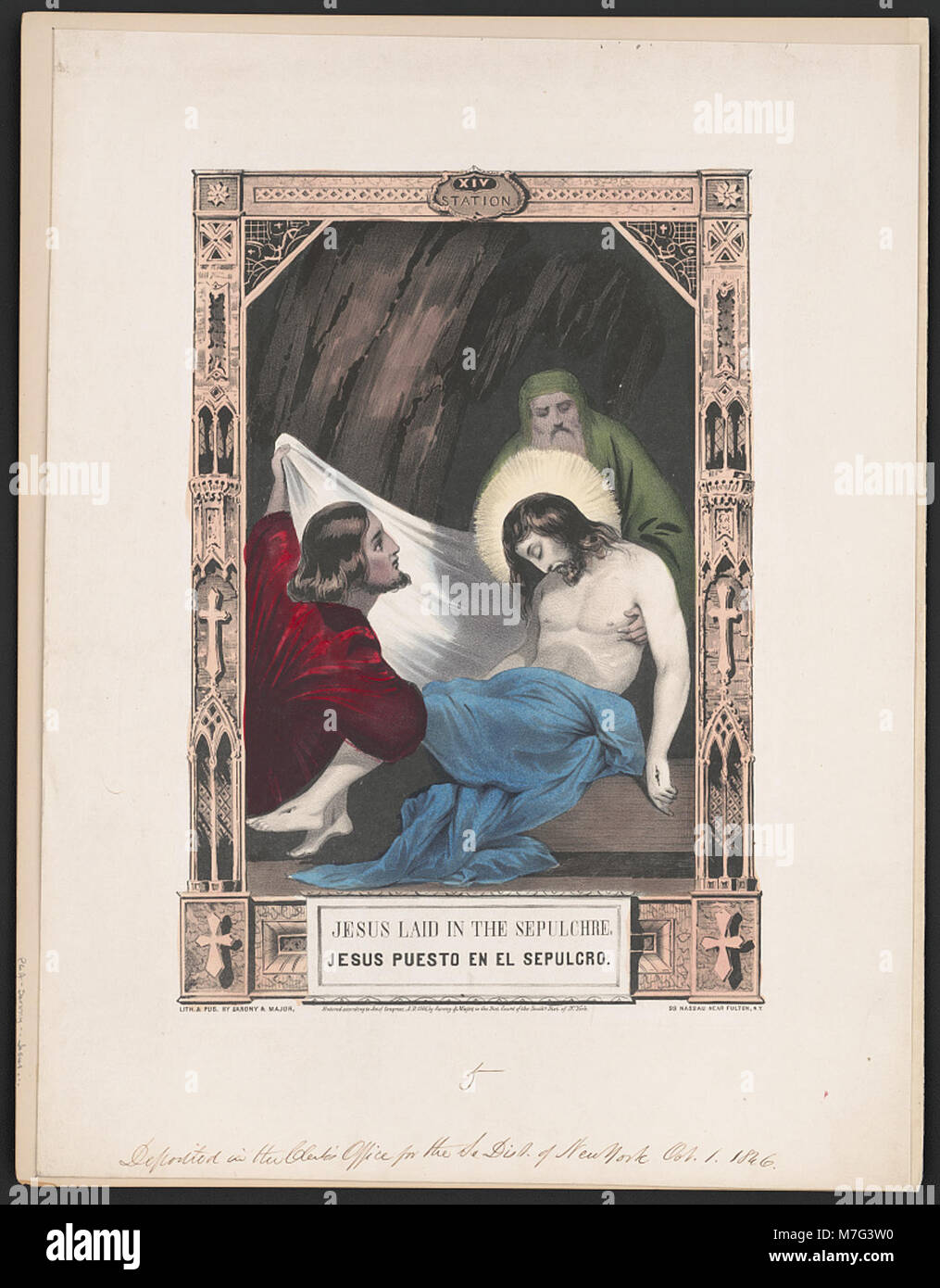 This image represents the biblical scene of Jesus laid in the sepulchre ...