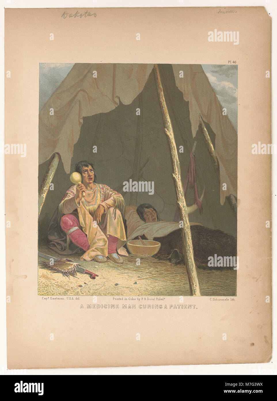 The lithograph depicts a Native American medicine man performing a ...