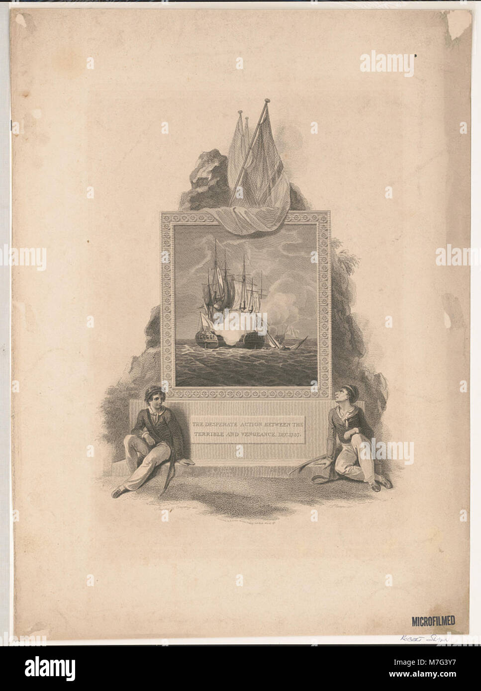 An engraving depicting a naval battle between the British ships ...