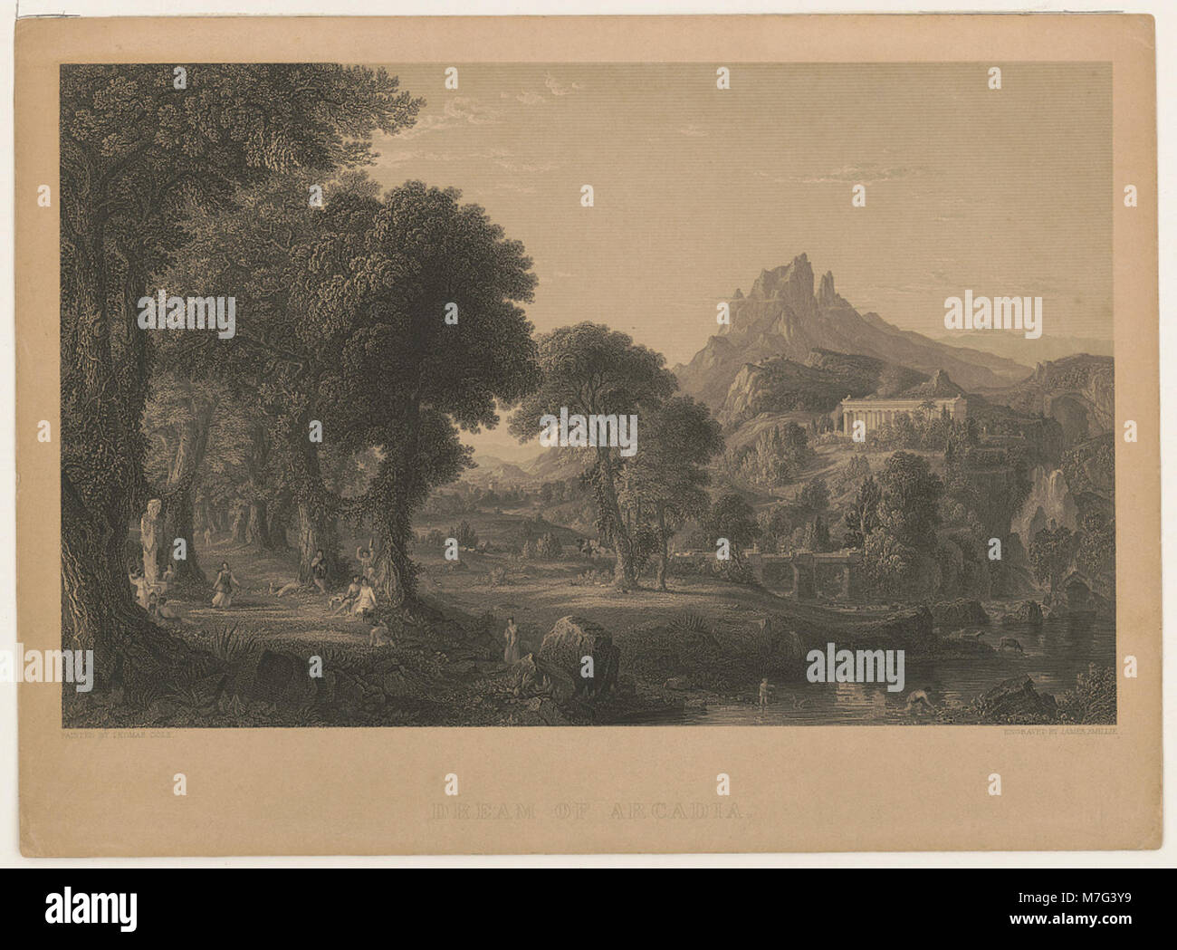 A painting titled 'Dream of Arcadia' by Thomas Cole, engraved by James ...