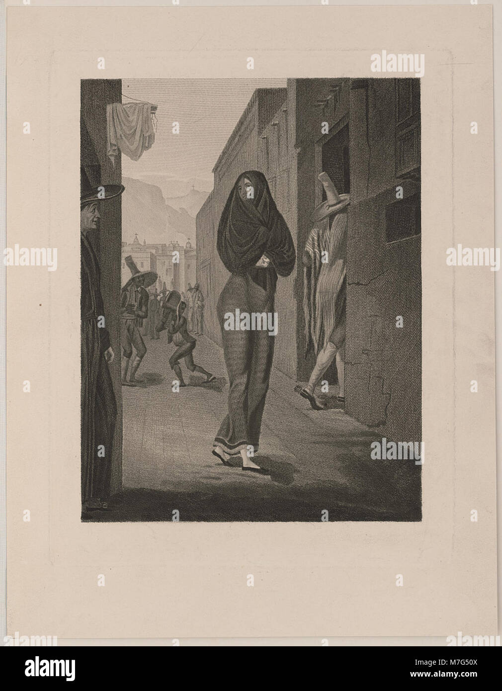 A photograph of a veiled woman walking on a crowded street, capturing a ...