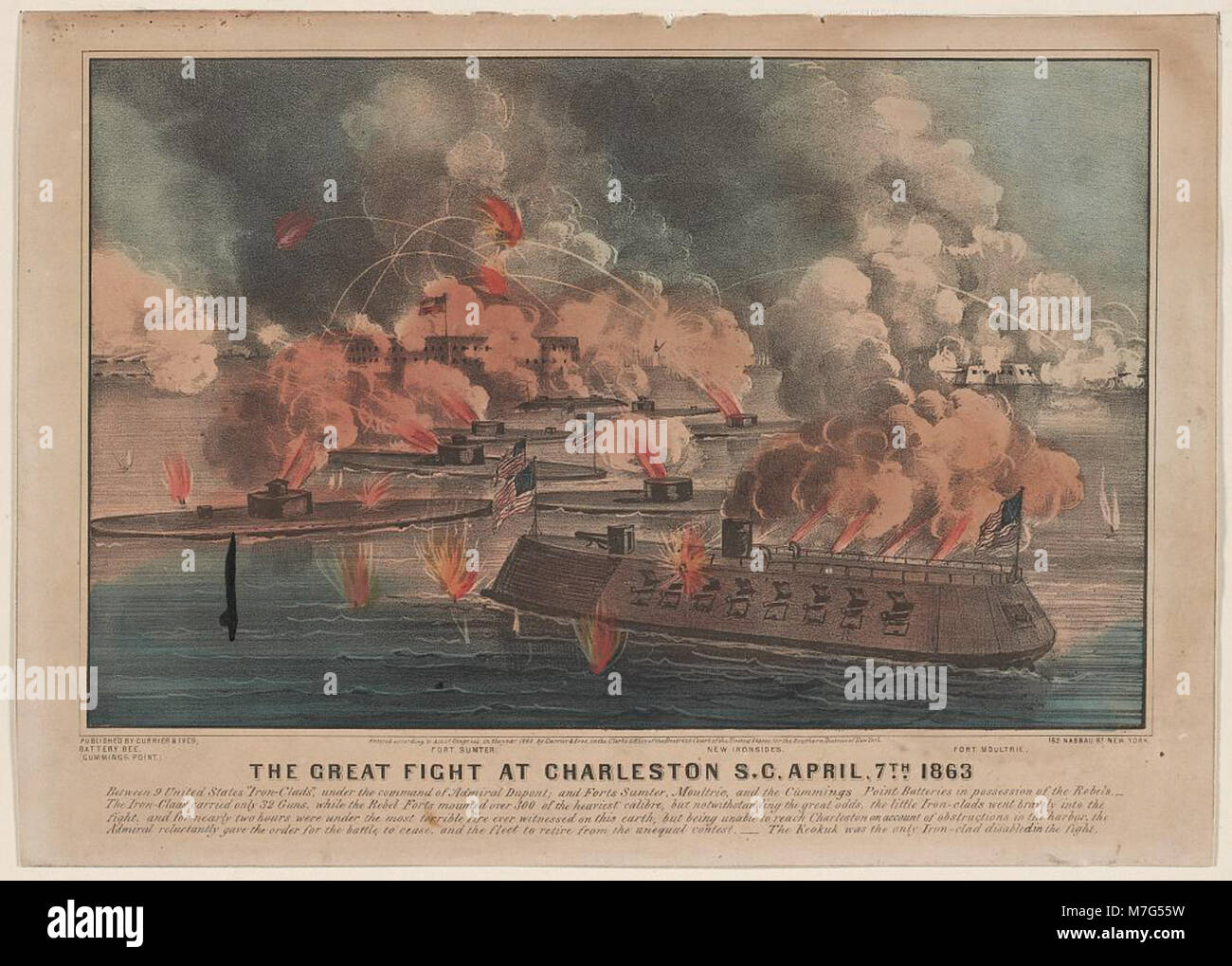 A depiction of the Battle of Charleston on April 7, 1863, during the ...