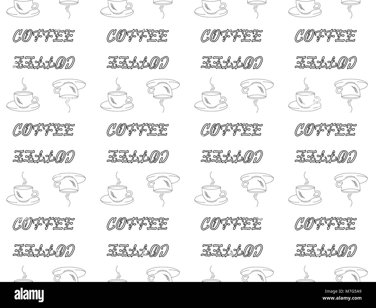 White background black outline of coffee cups and word coffee, seamless ...