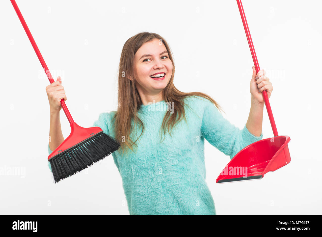 Funny Cleaning women happy excited during cleaning. isolated on white ...