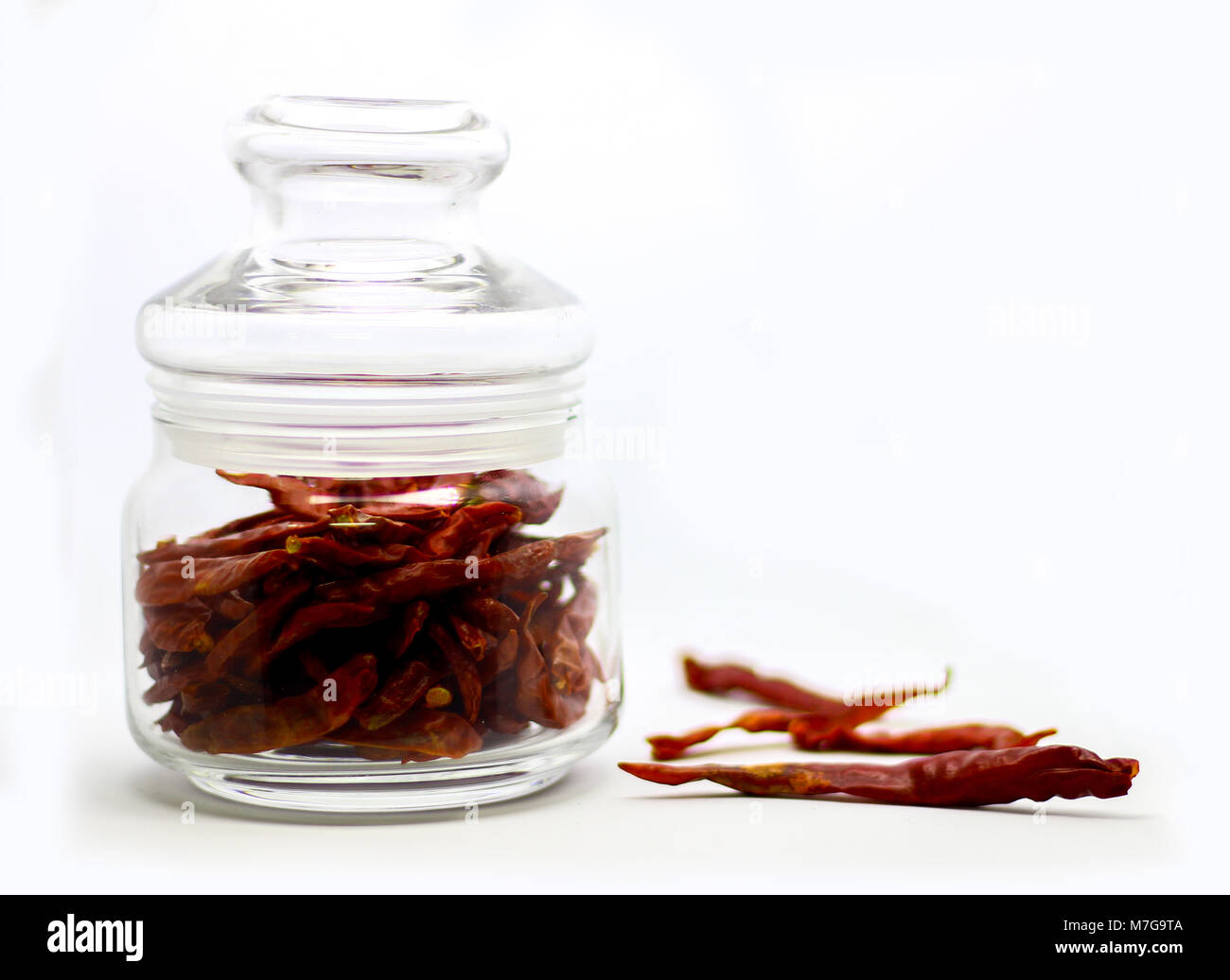 Dried Red Chilli In Glass Container in White Background Stock Photo - Alamy