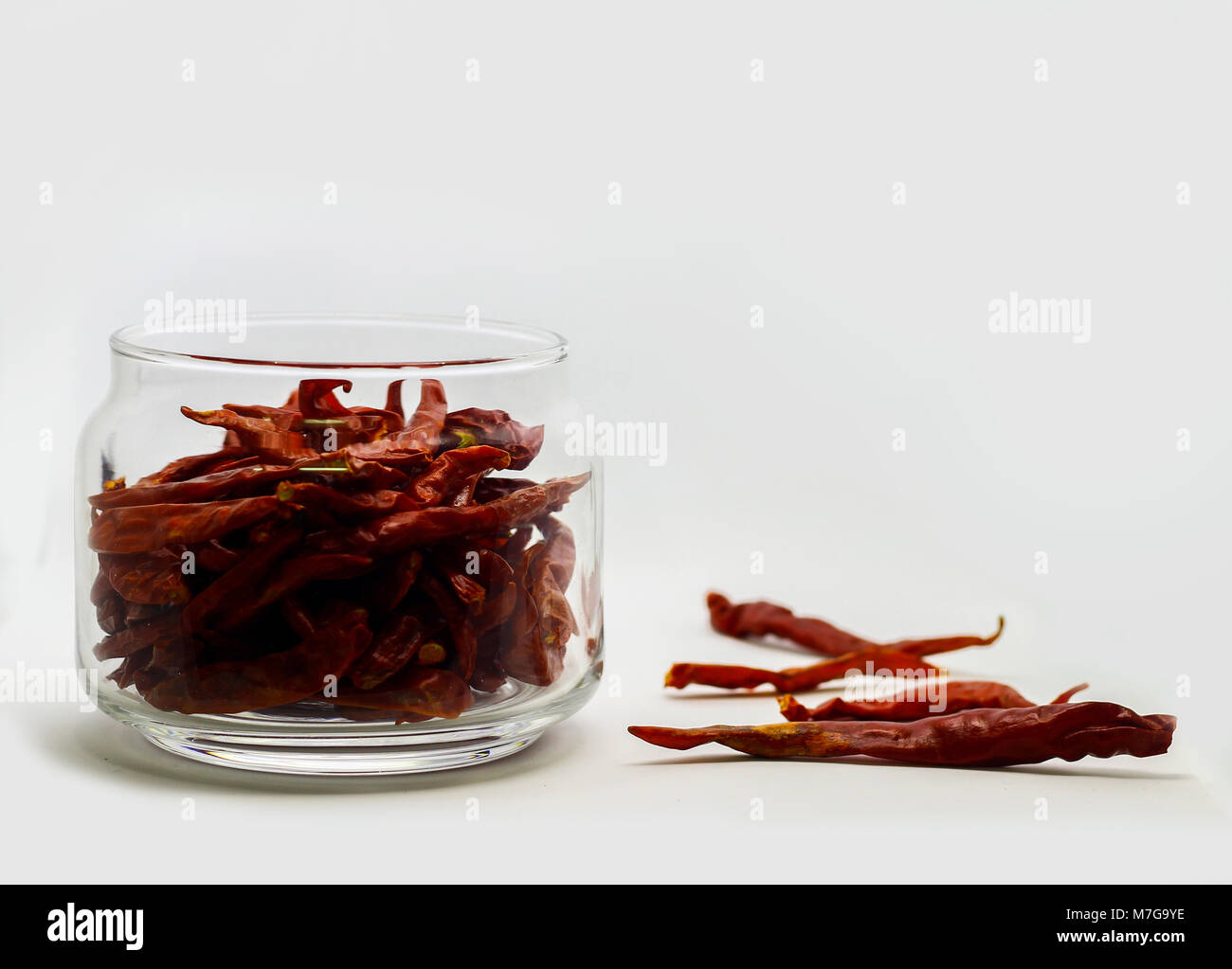 Dried Red Chilli In Glass Container in White Background Stock Photo - Alamy