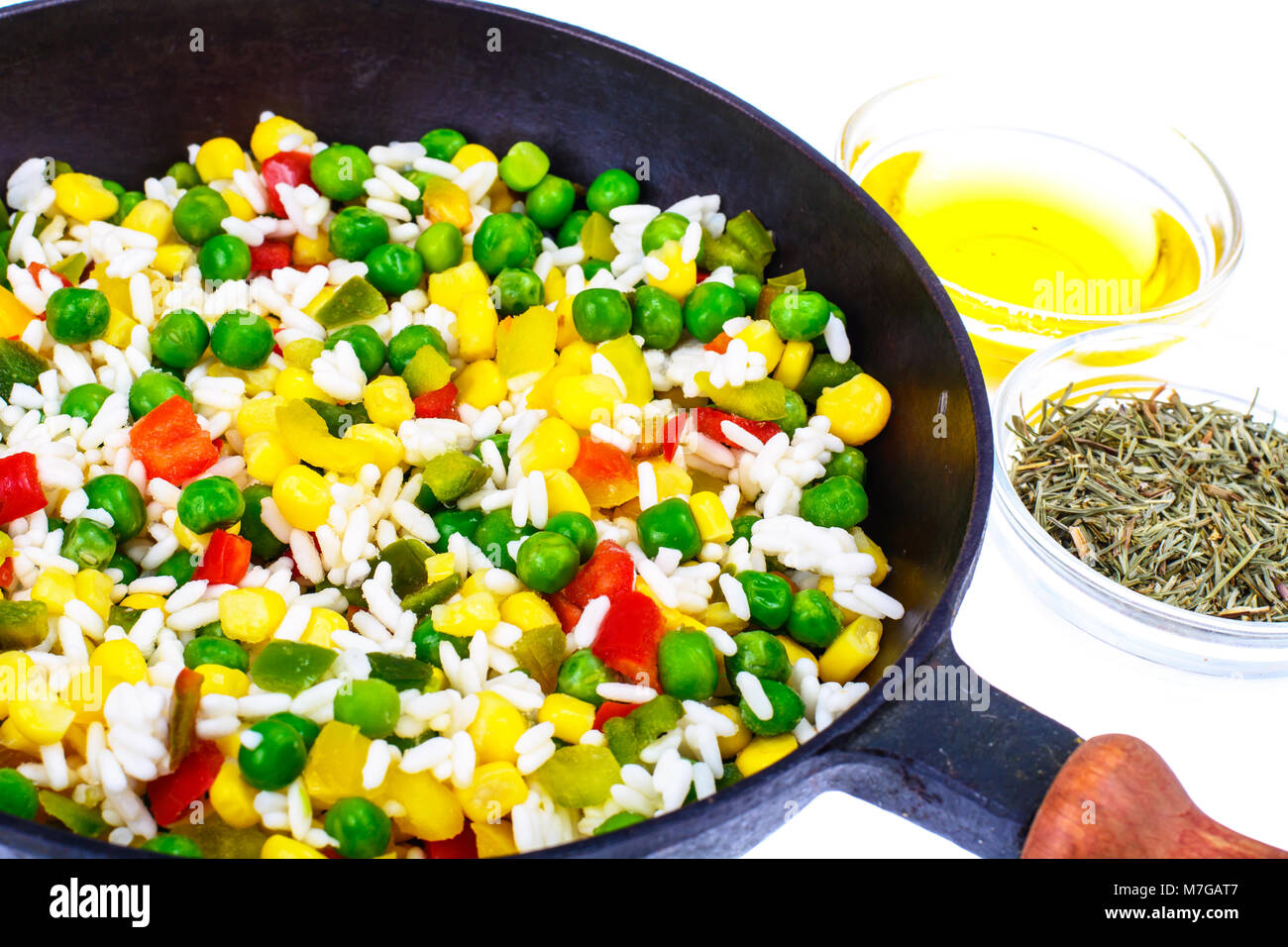 Frozen Hawaiian mix of vegetables with rice in frying pan Stock Photo ...
