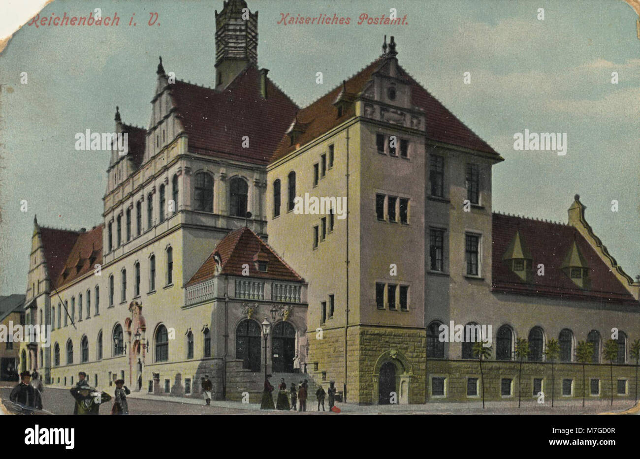 A historical postcard of Reichenbach, Saxony, featuring the town's post ...