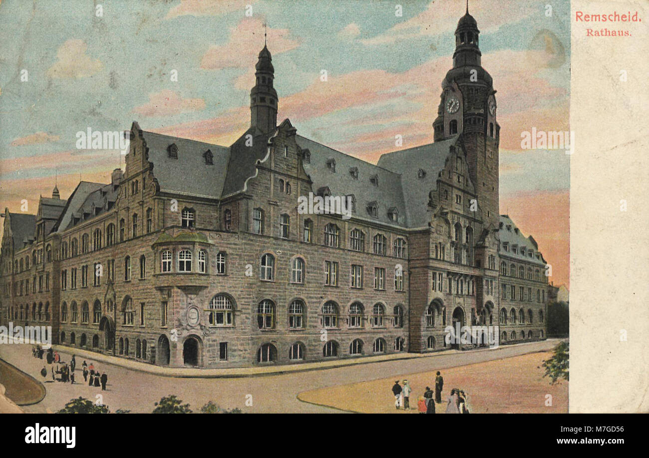 A historical postcard depicting the town hall (Rathaus) in Remscheid ...