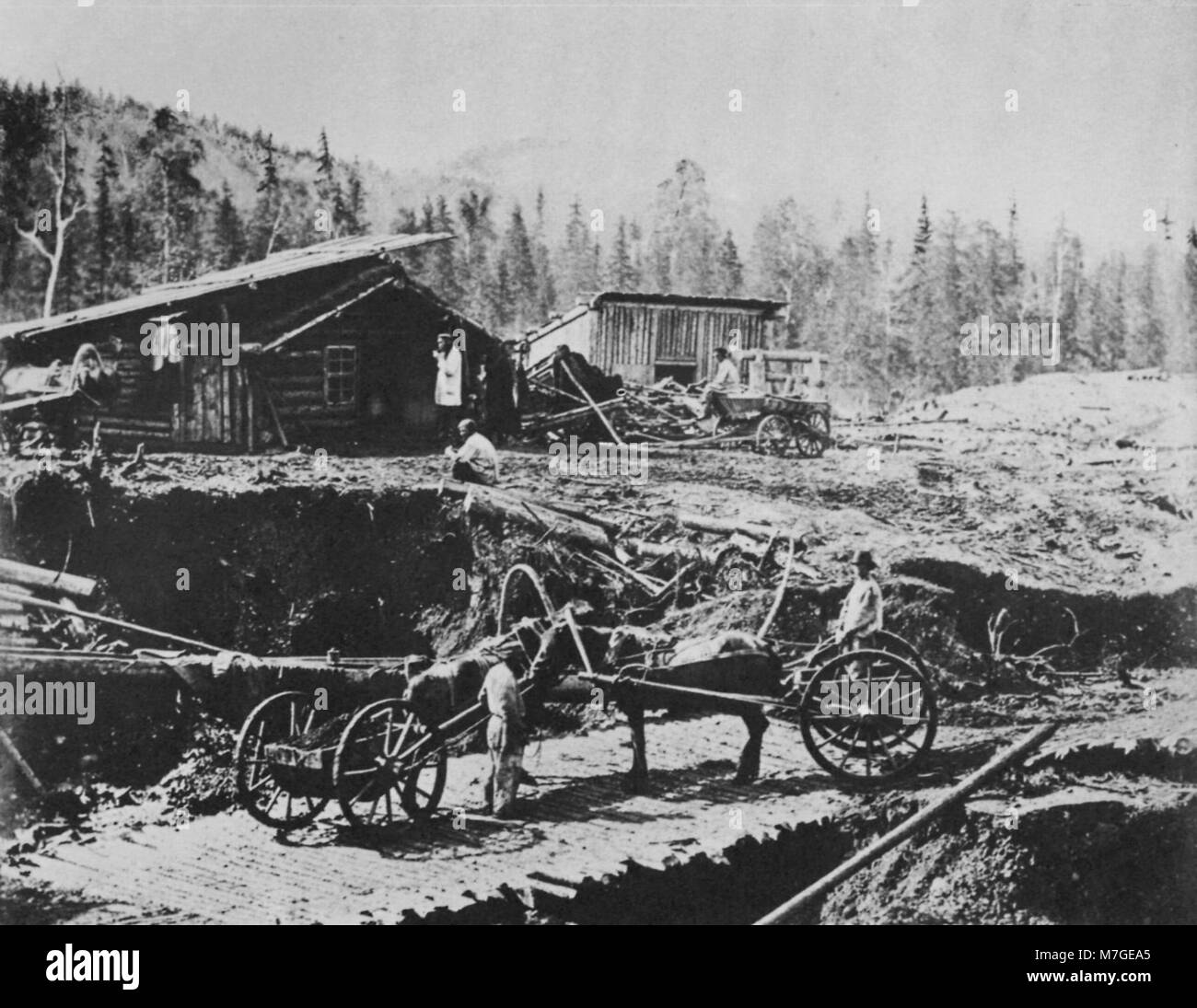 A Russian photograph from around 1867, depicting gold mining operations ...
