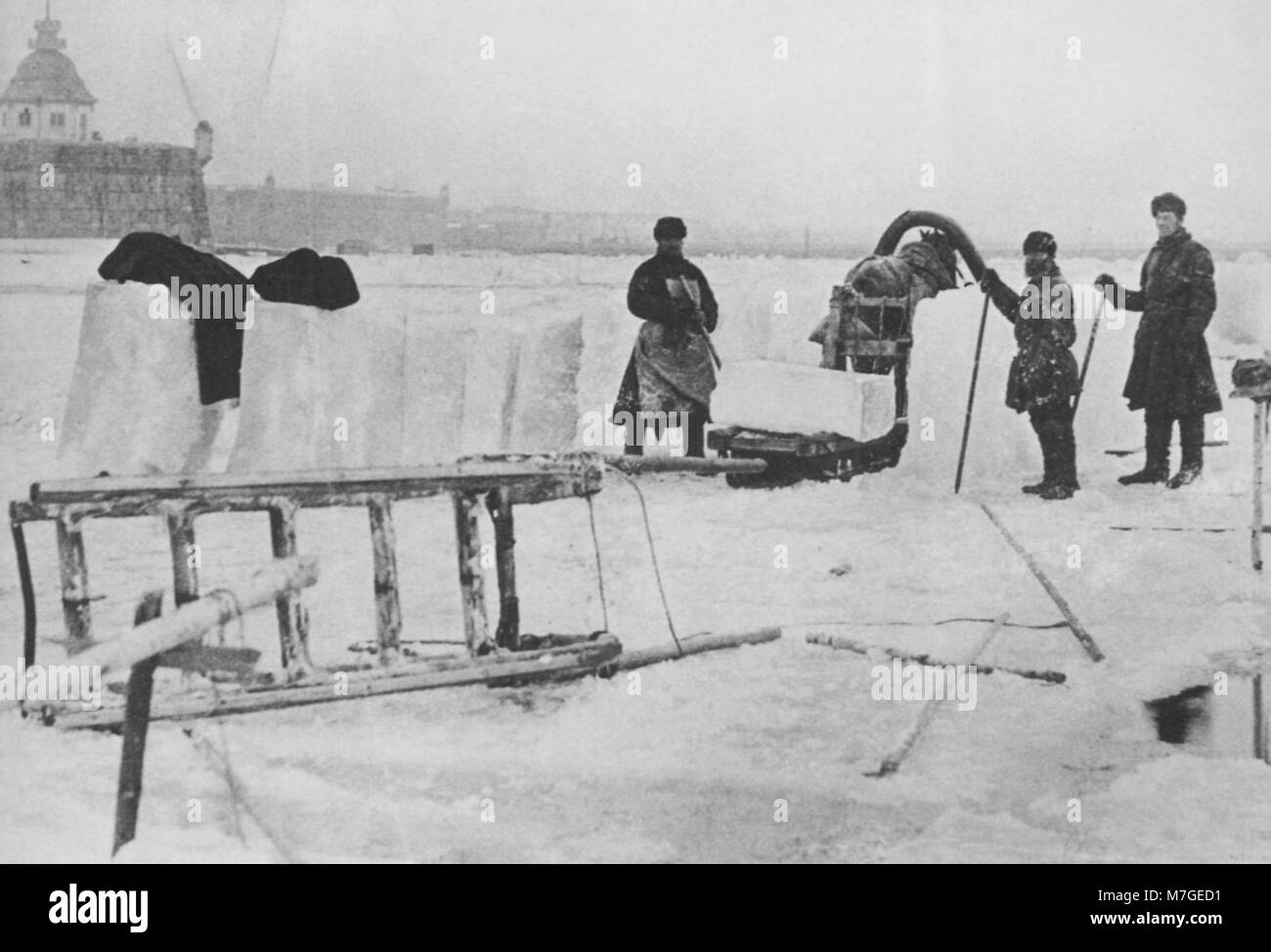 A Russian photograph from around 1895, showing people cutting ice ...