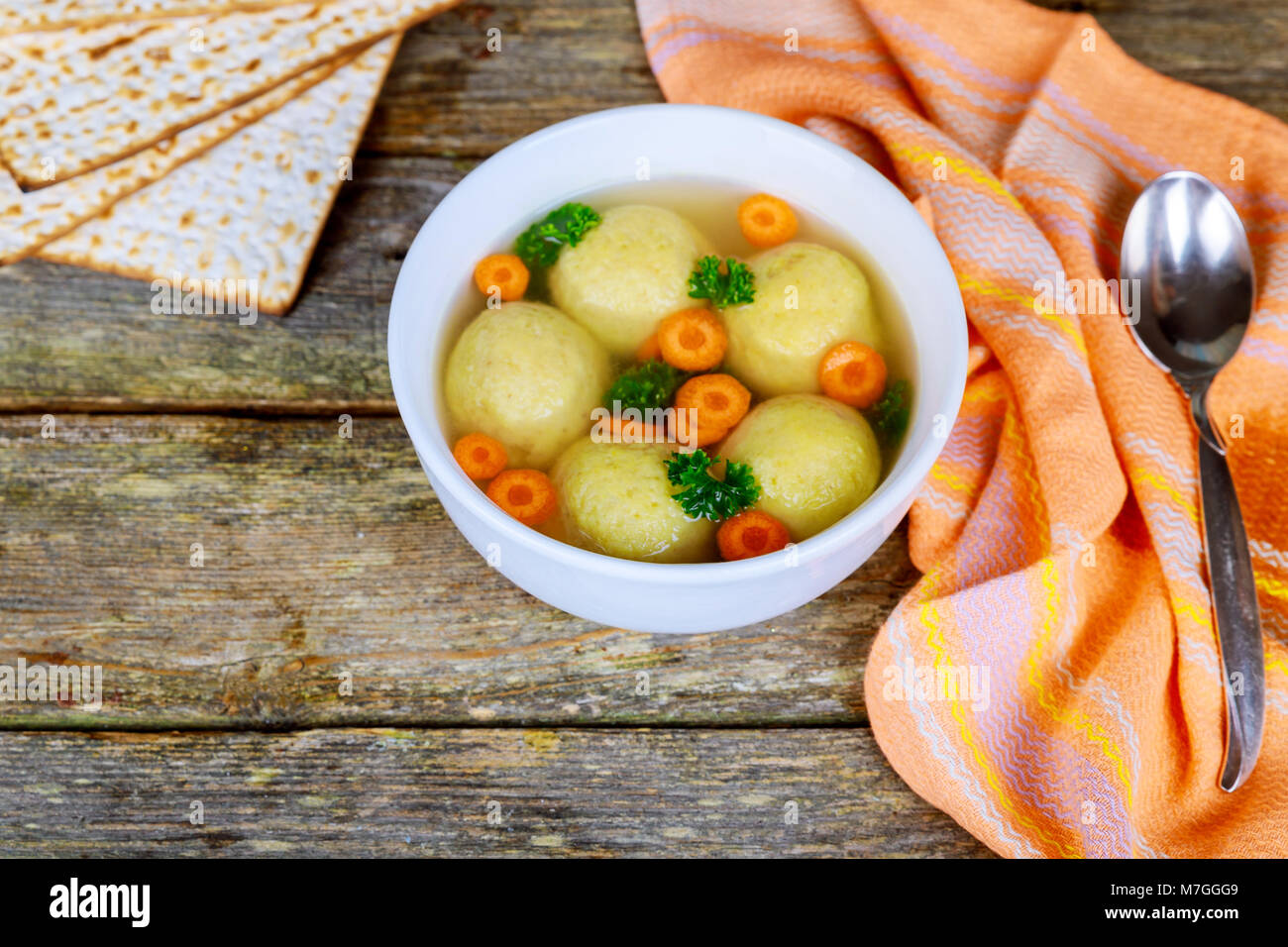 A traditional Ashkenazi Jewish soup with matzo balls, made from a ...