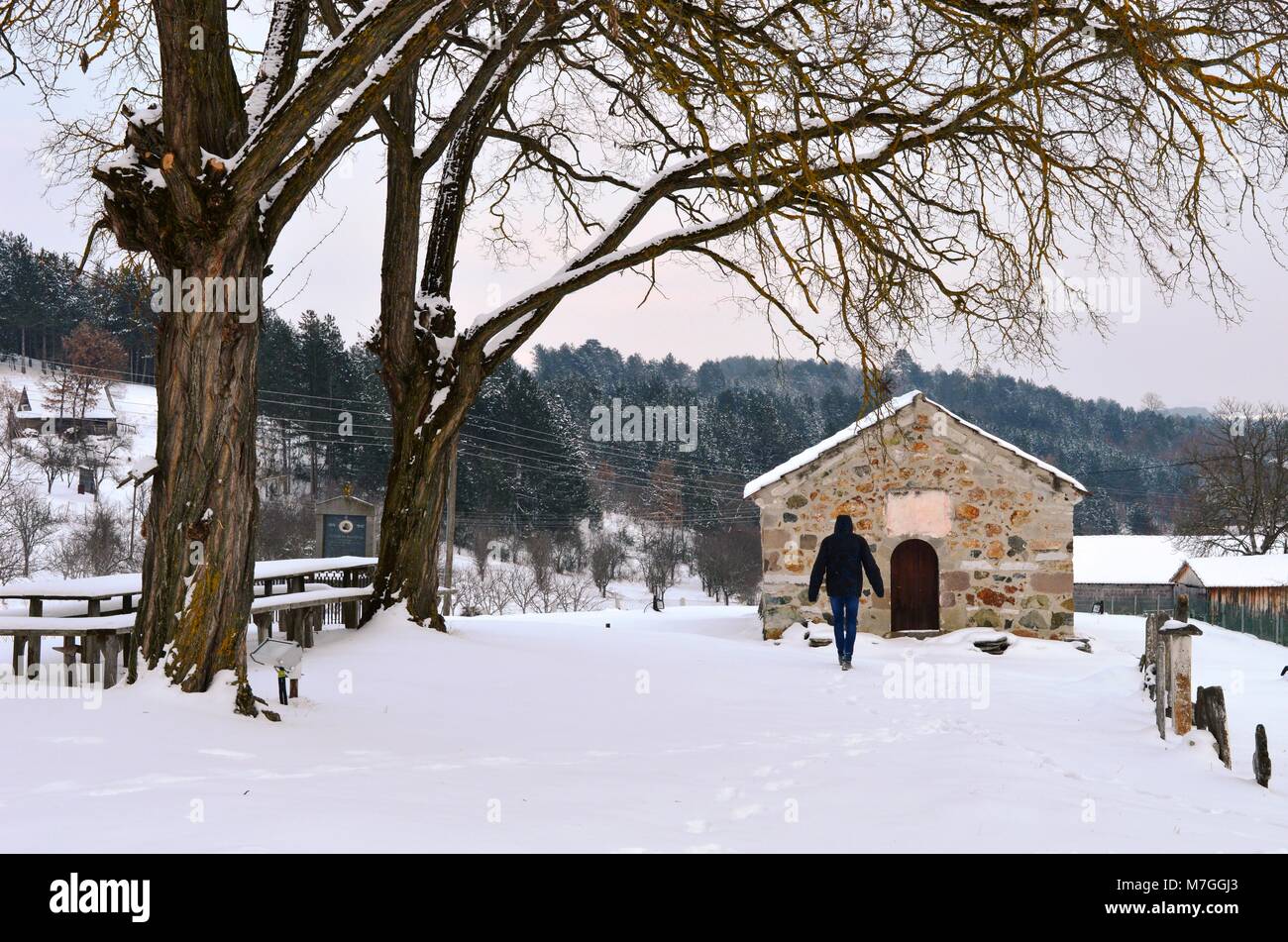 an old stone church in the snow Stock Photo - Alamy