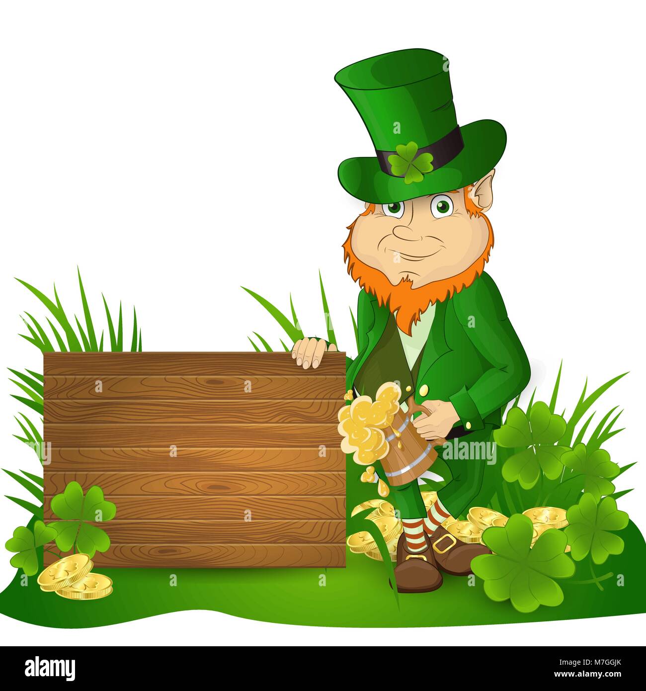 Leprikon St. patrick's day with a mug of beer near a wooden shield on a ...