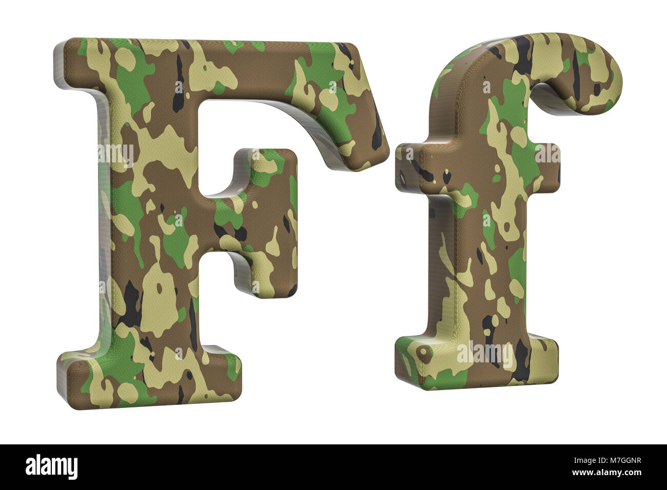 Camouflage army letter F, 3D rendering isolated on white background ...