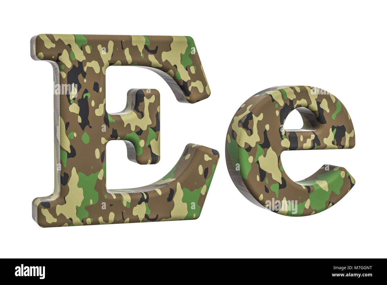 Camouflage army letter E, 3D rendering isolated on white background ...