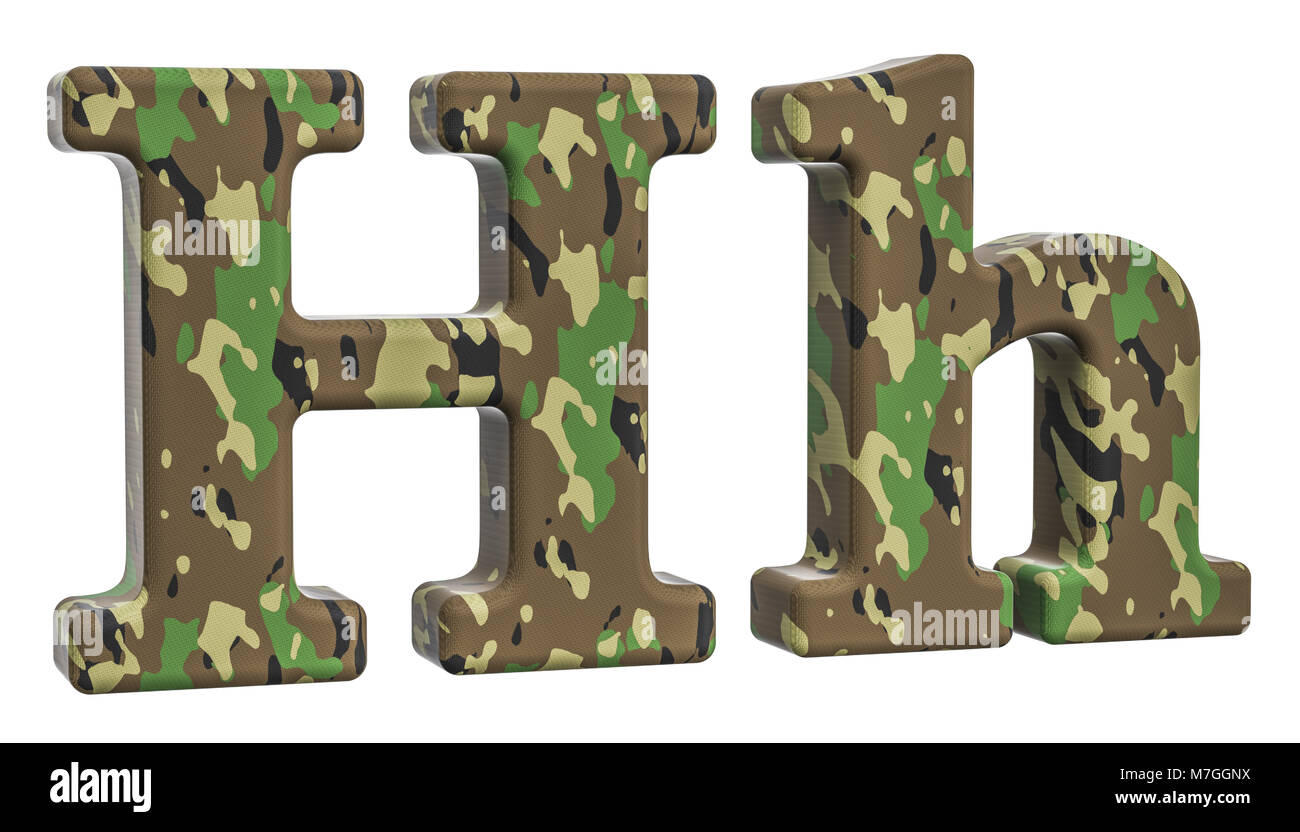 Camouflage army letter H, 3D rendering isolated on white background ...