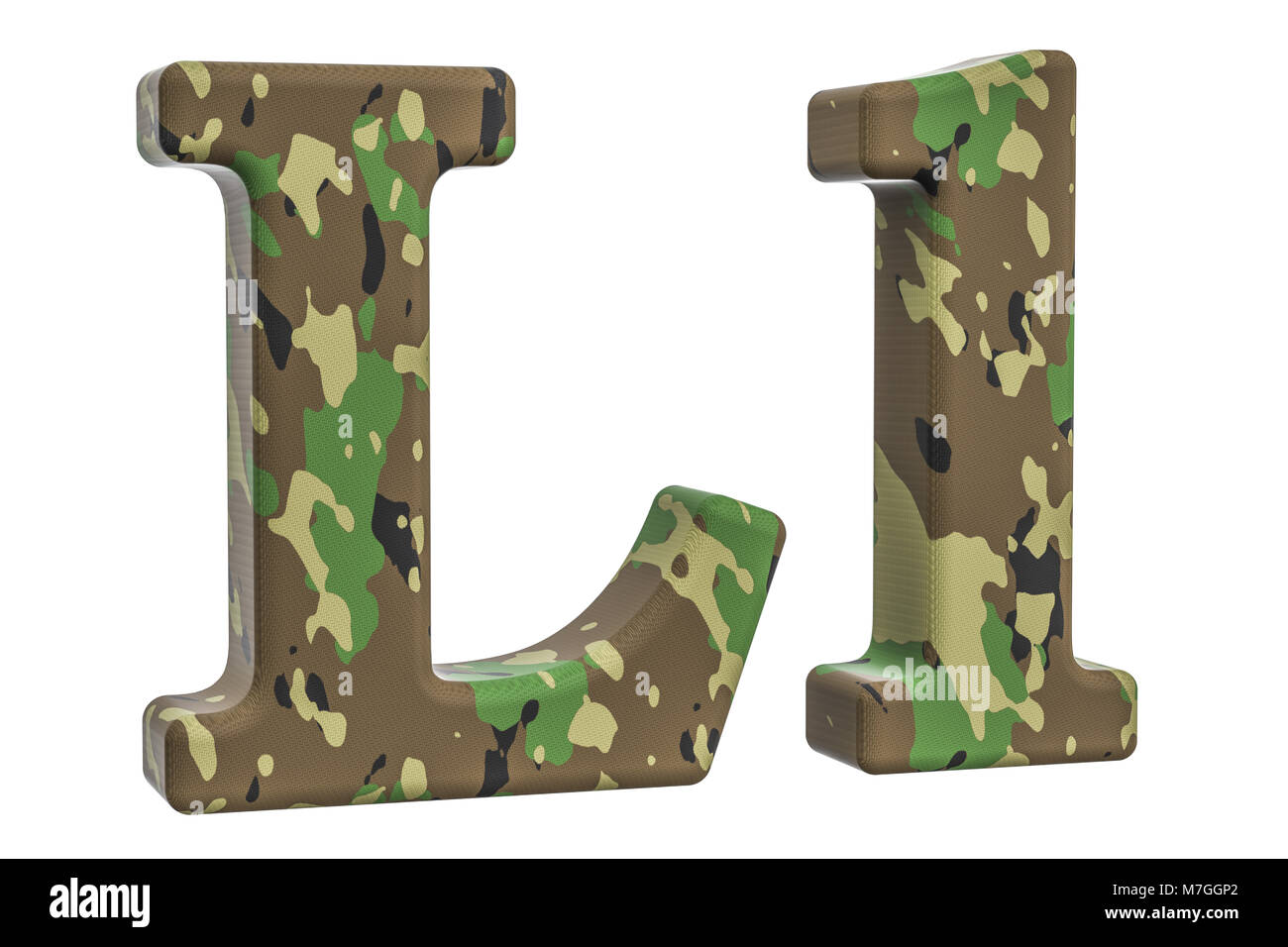 Camouflage army letter L, 3D rendering isolated on white background ...