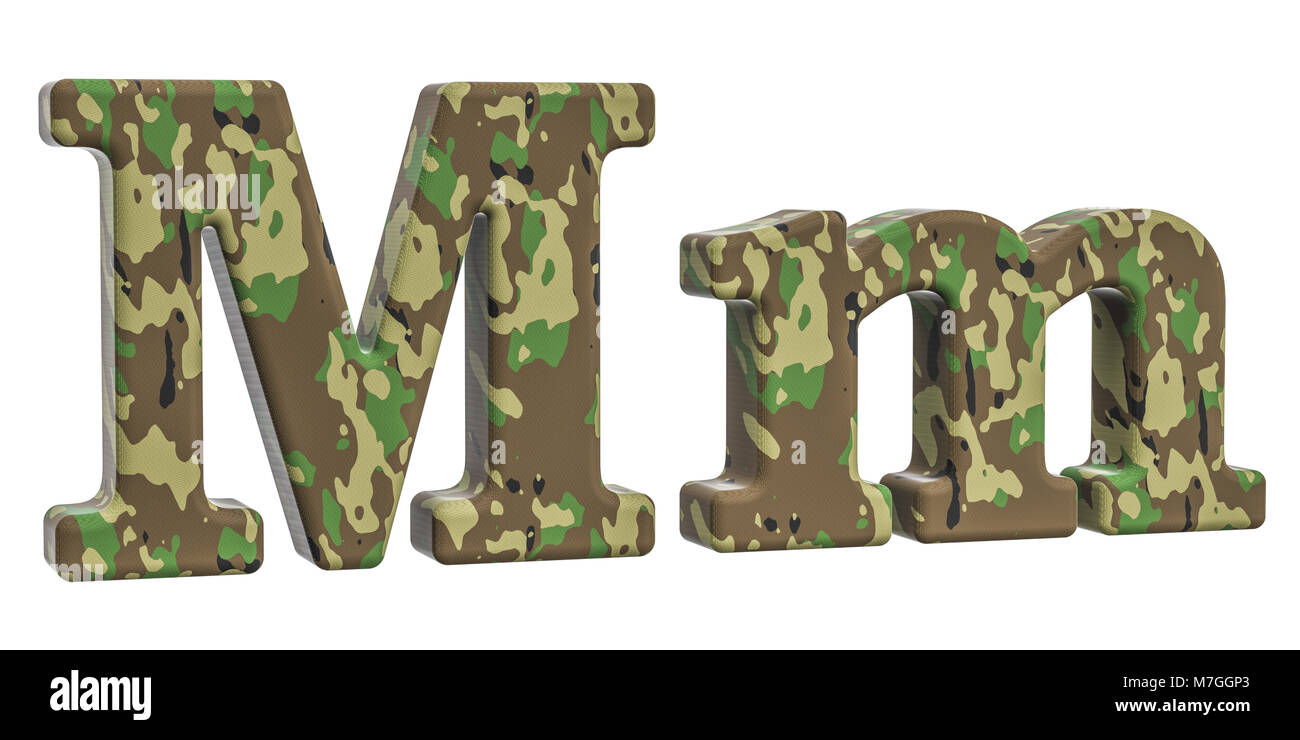 Camouflage army letter M, 3D rendering isolated on white background ...
