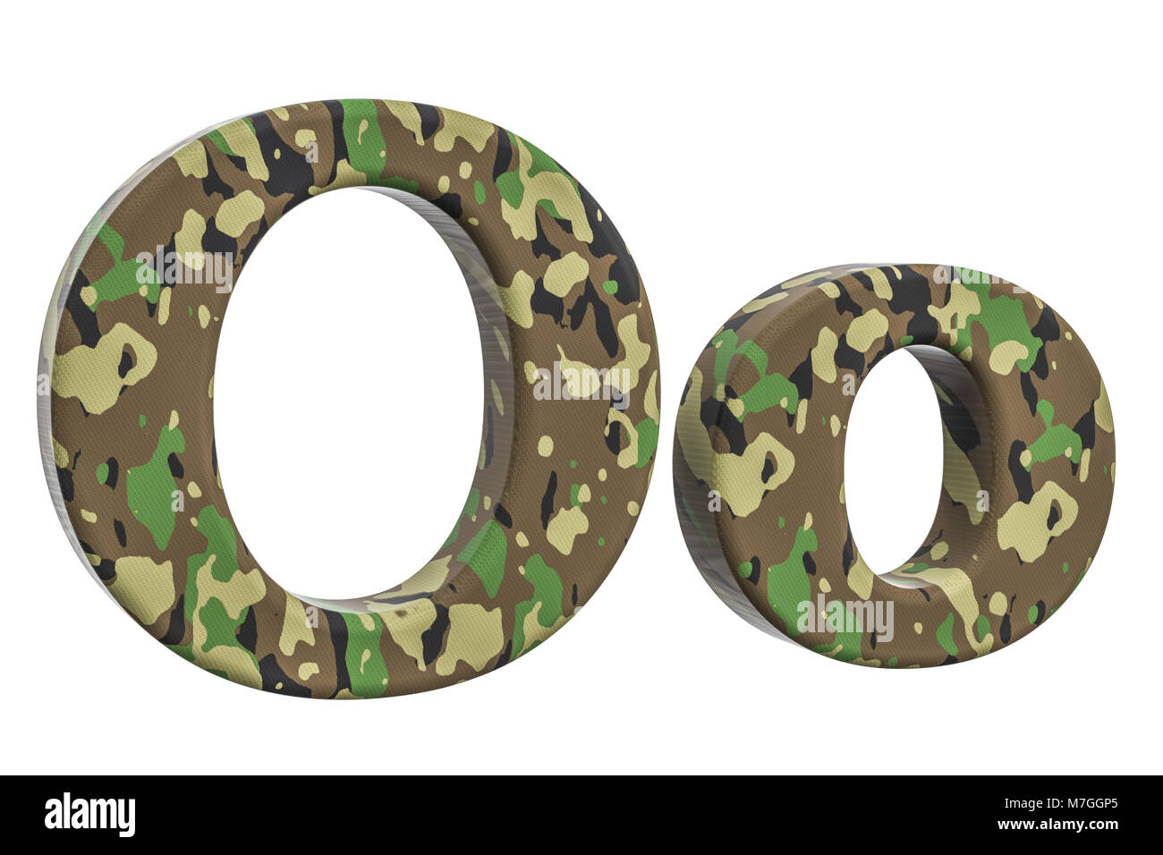 Camouflage army letter O, 3D rendering isolated on white background ...