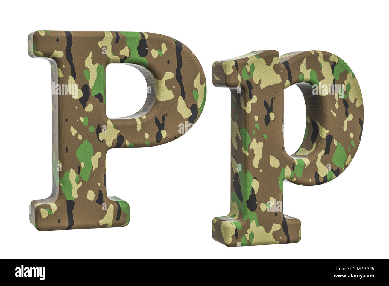 Camouflage army letter P, 3D rendering isolated on white background ...