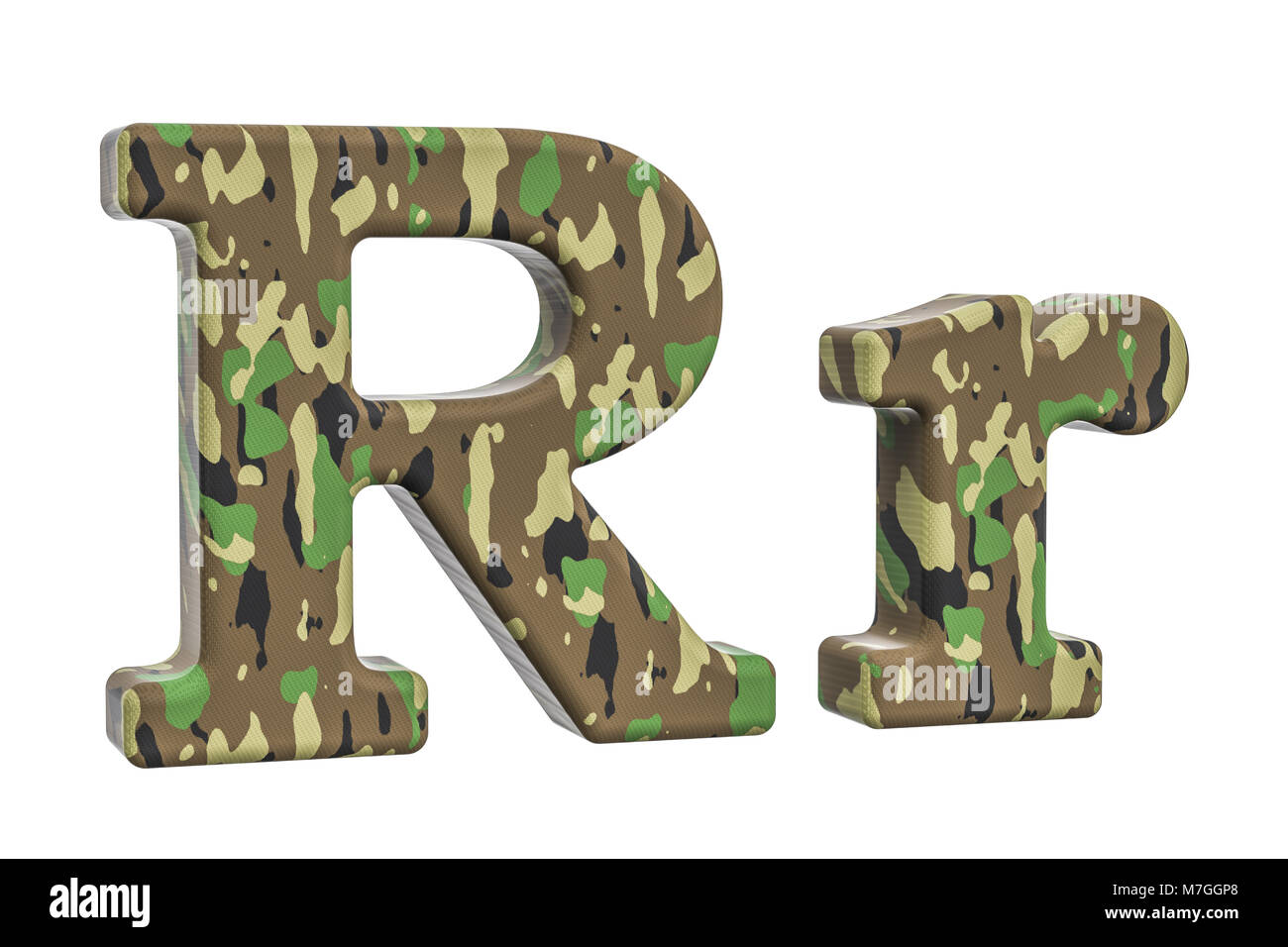 Camouflage army letter R, 3D rendering isolated on white background ...