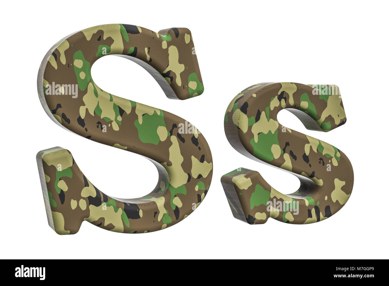 Camouflage army letter S, 3D rendering isolated on white background ...