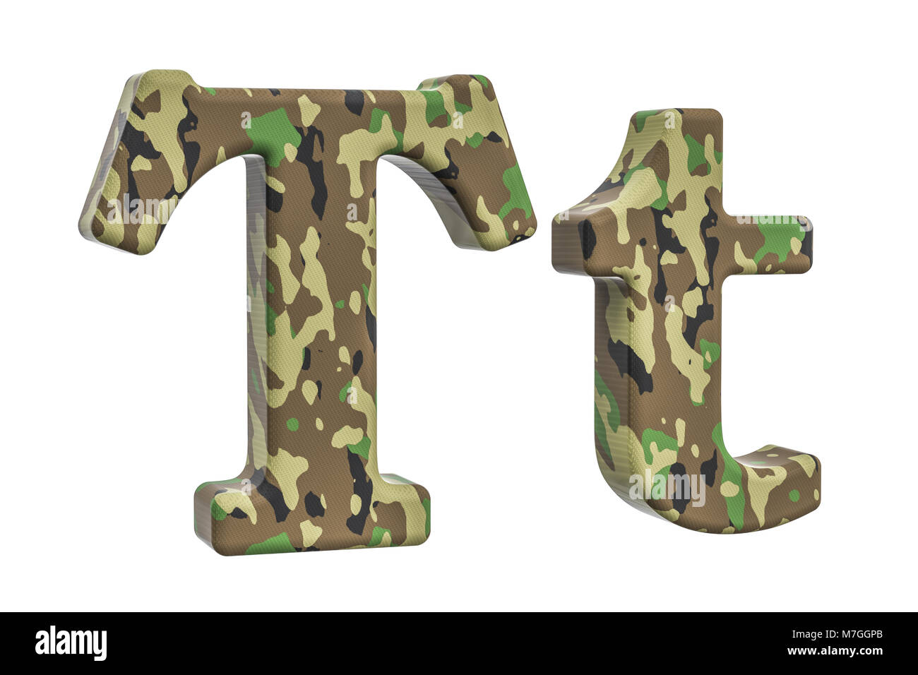 Camouflage army letter T, 3D rendering isolated on white background ...