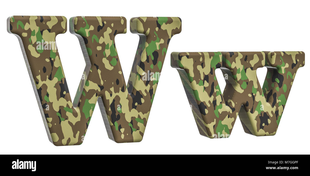Camouflage army letter W, 3D rendering isolated on white background ...