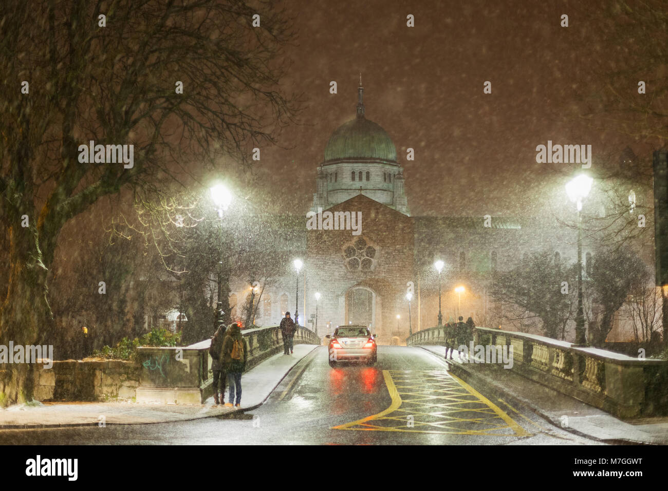 Galway Catedral during heavy snowfall at night. Ireland. Storm Emma ...