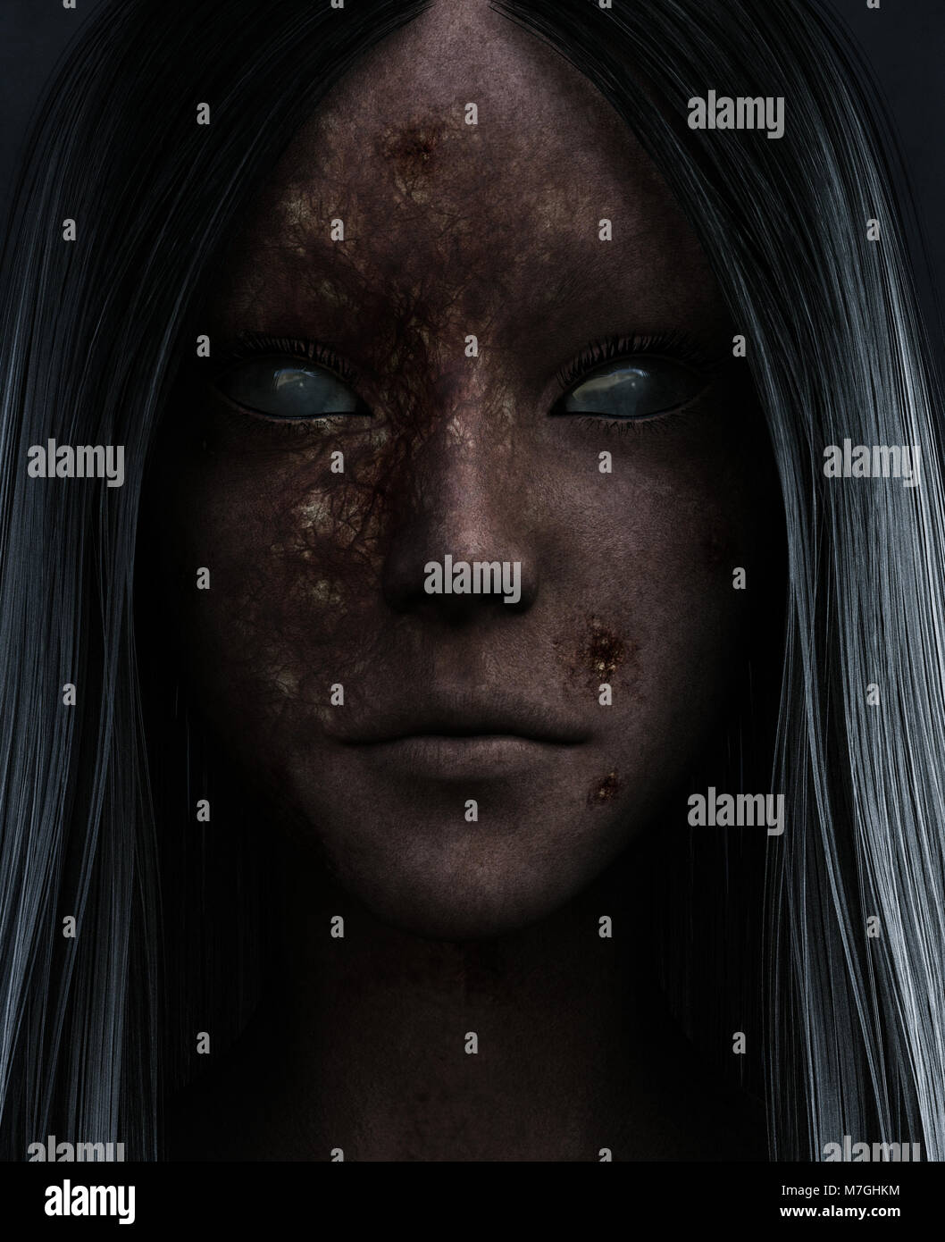 3d illustration of scary infected woman in the dark,Horror background ...