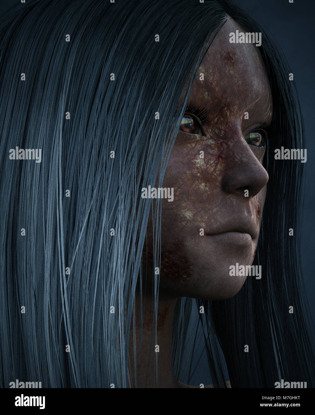 3d illustration of scary infected woman in the dark,Horror background ...