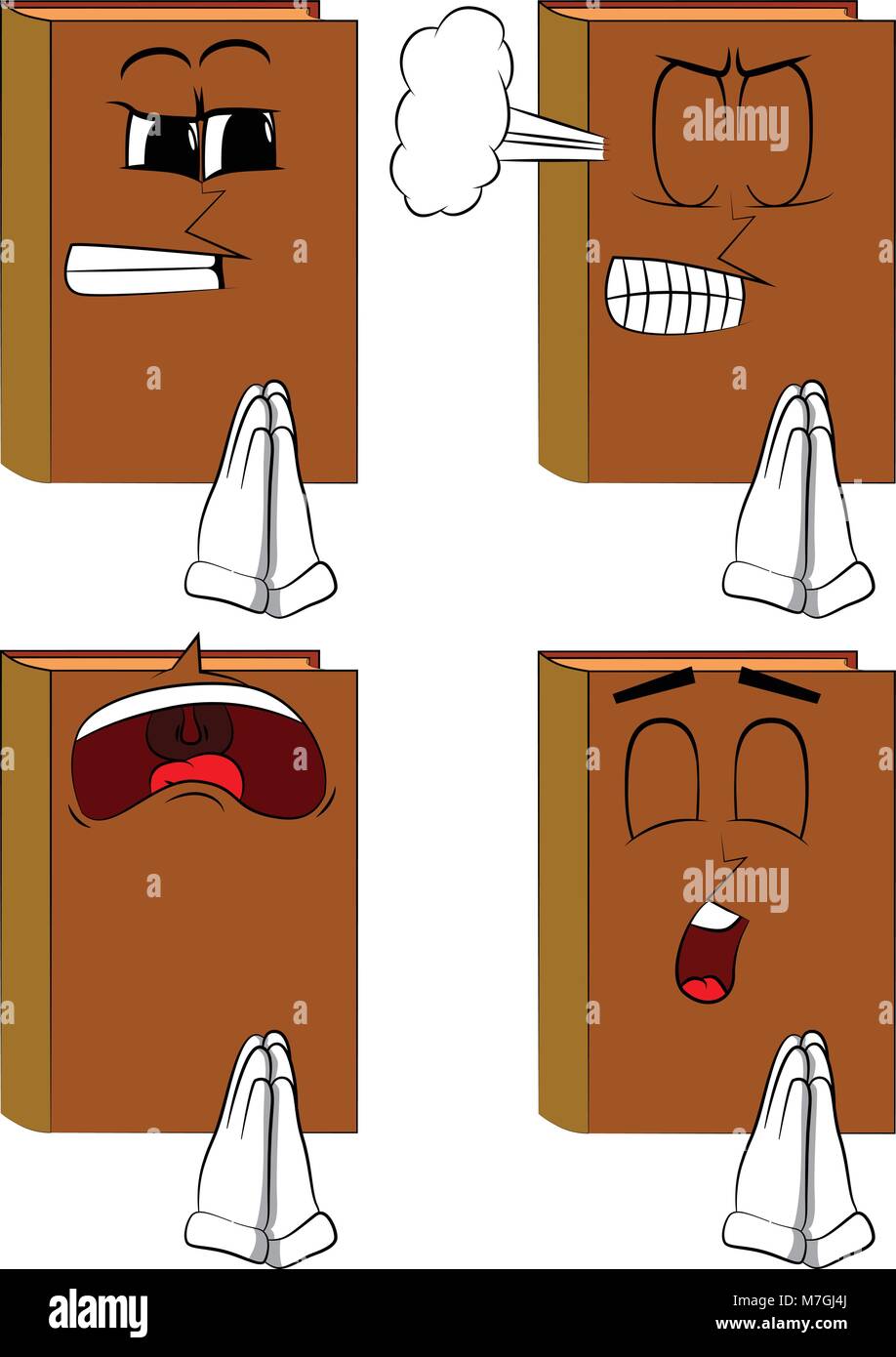 Books with praying hands. Cartoon book collection with angry and sad ...