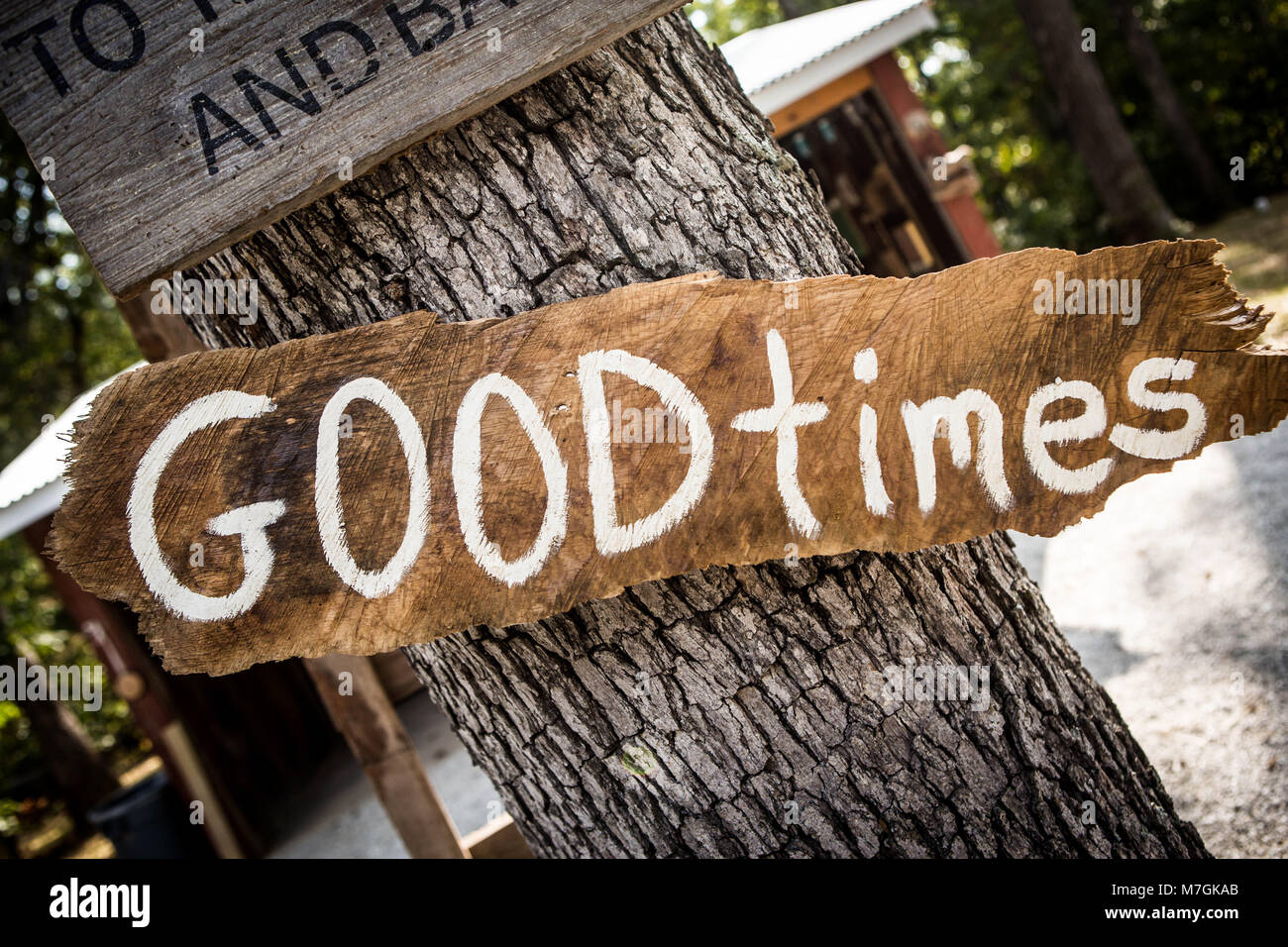 White Good Times hand painted sign on rough wooden board nailed to tree ...