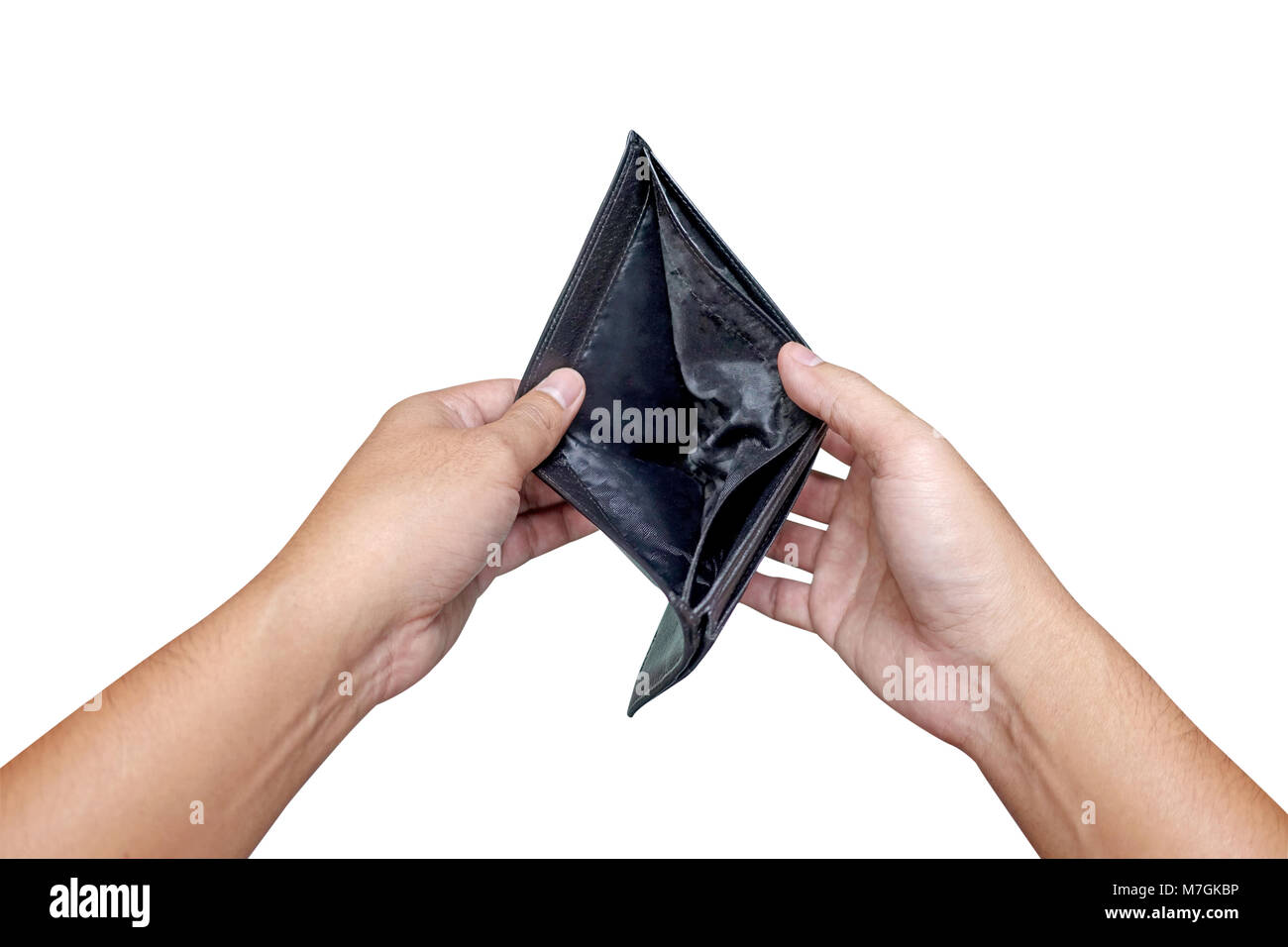Man hand open an empty wallet on white background with clipping path ...