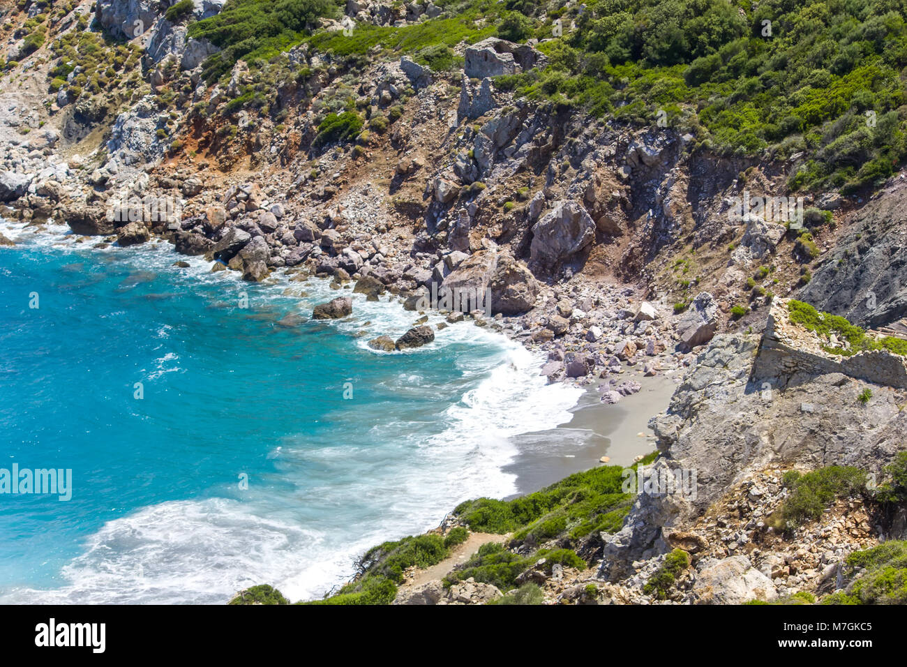 View of the Kastro Beach from the old Kastro town (castle), on Skiathos ...