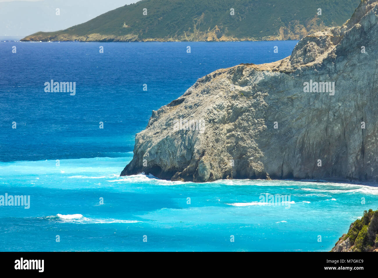 View of the Kastro Beach from the old Kastro town (castle), on Skiathos ...