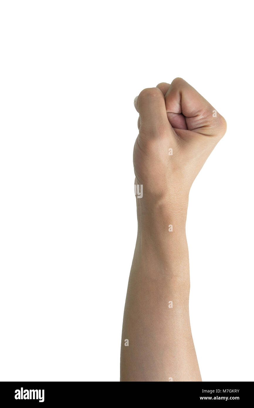 Isolated fist hand raising up to the air on white background ...