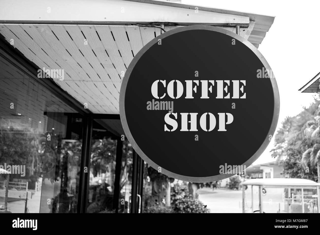 Coffee shop, coffee cafe sign board in front of the shop. Black and ...