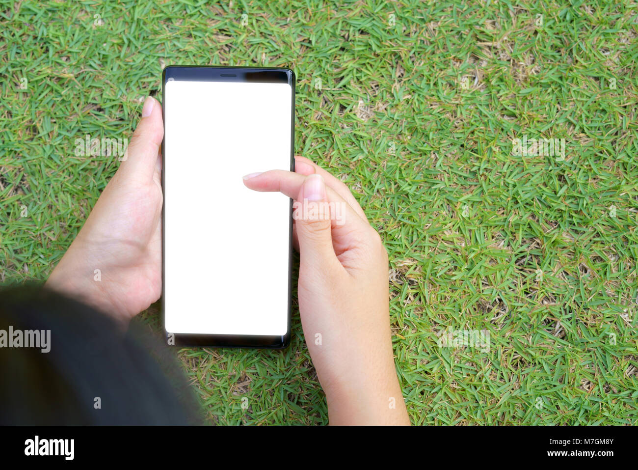 Female hand holding the smartphone Black and Green nature Stock Photo ...