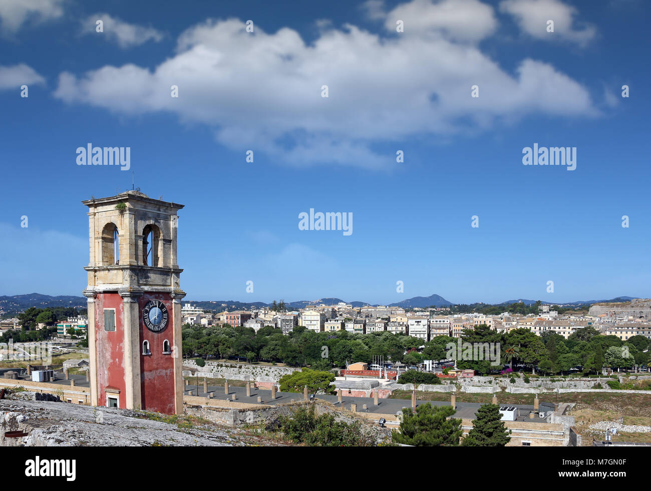 Clock tower Corfu town cityscape Greece Stock Photo - Alamy