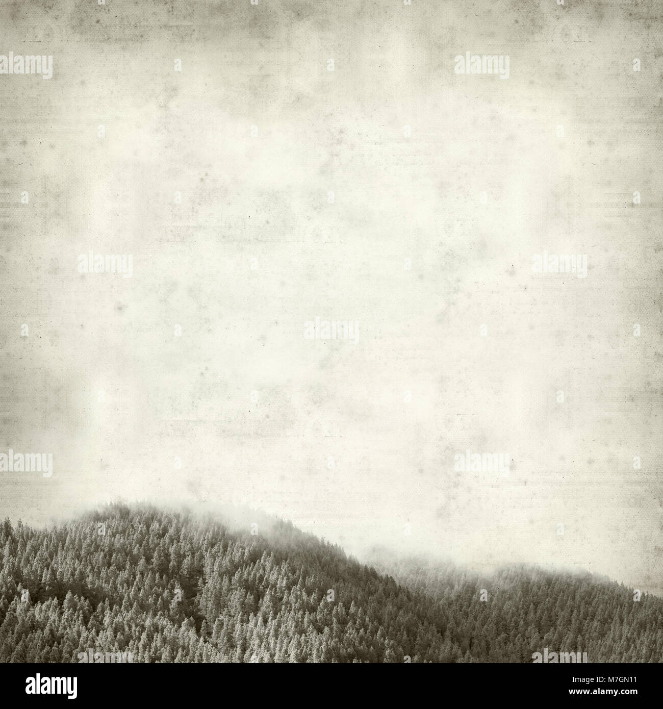 textured old paper background with pine-covered mountains in the fog ...