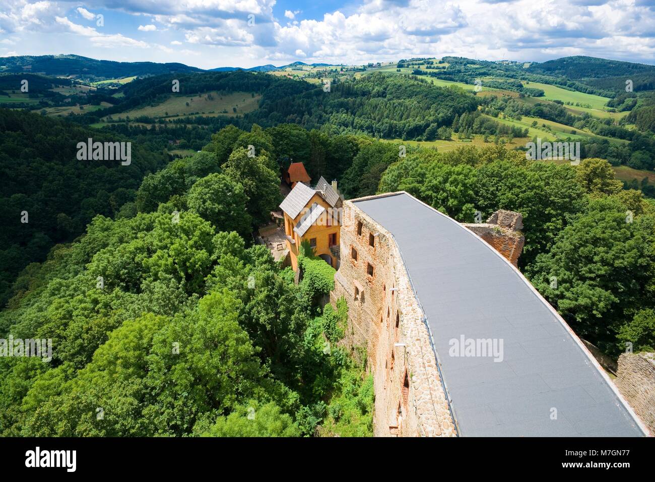 View of ruins of medieval Grodno castle situated on the top of high ...