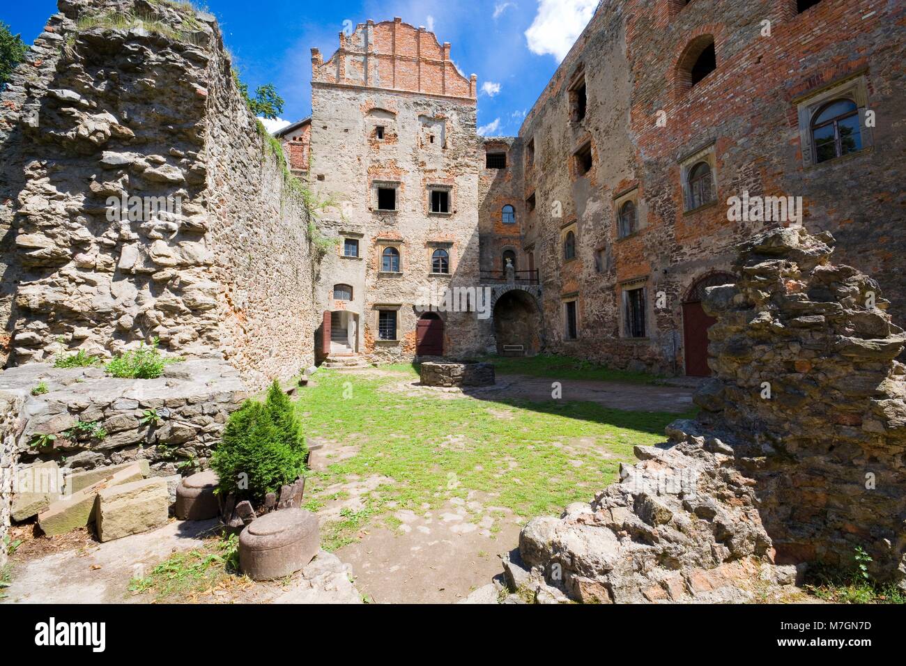 Courtyard of Gothic-Renaissance style Grodno castle in Zagorze Slaskie ...