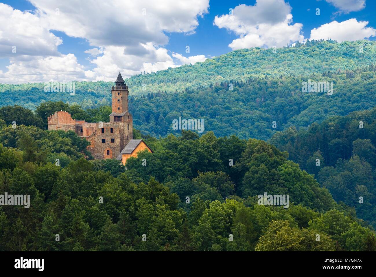 Ruins of medieval Grodno castle situated on the top of high hill ...