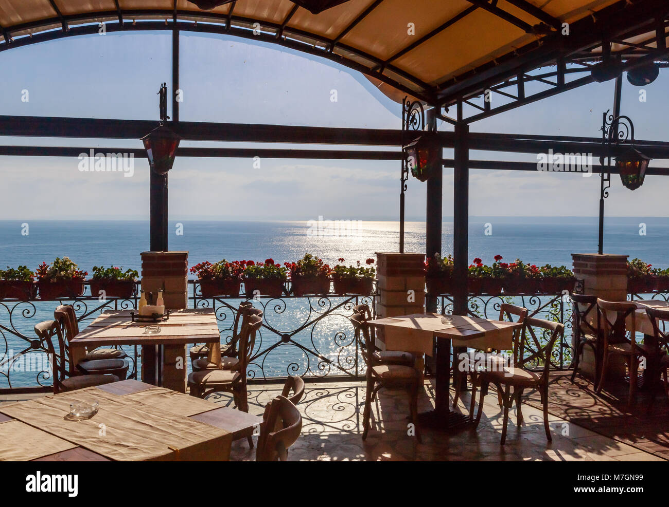 The interior of the restaurant overlooking the sea Stock Photo - Alamy