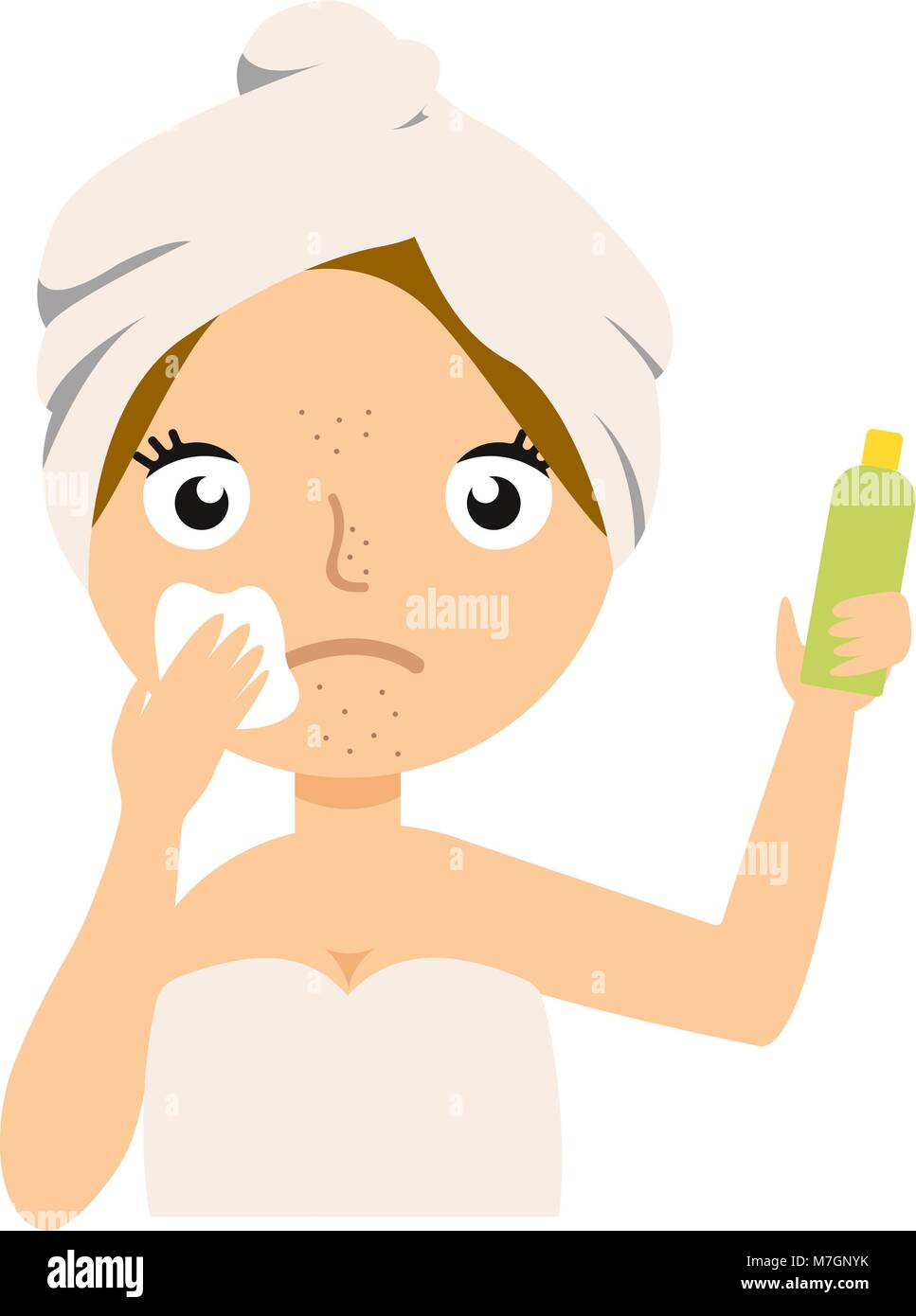 Girl cleans her face with cosmetic lotion. Skin problems solution, home ...