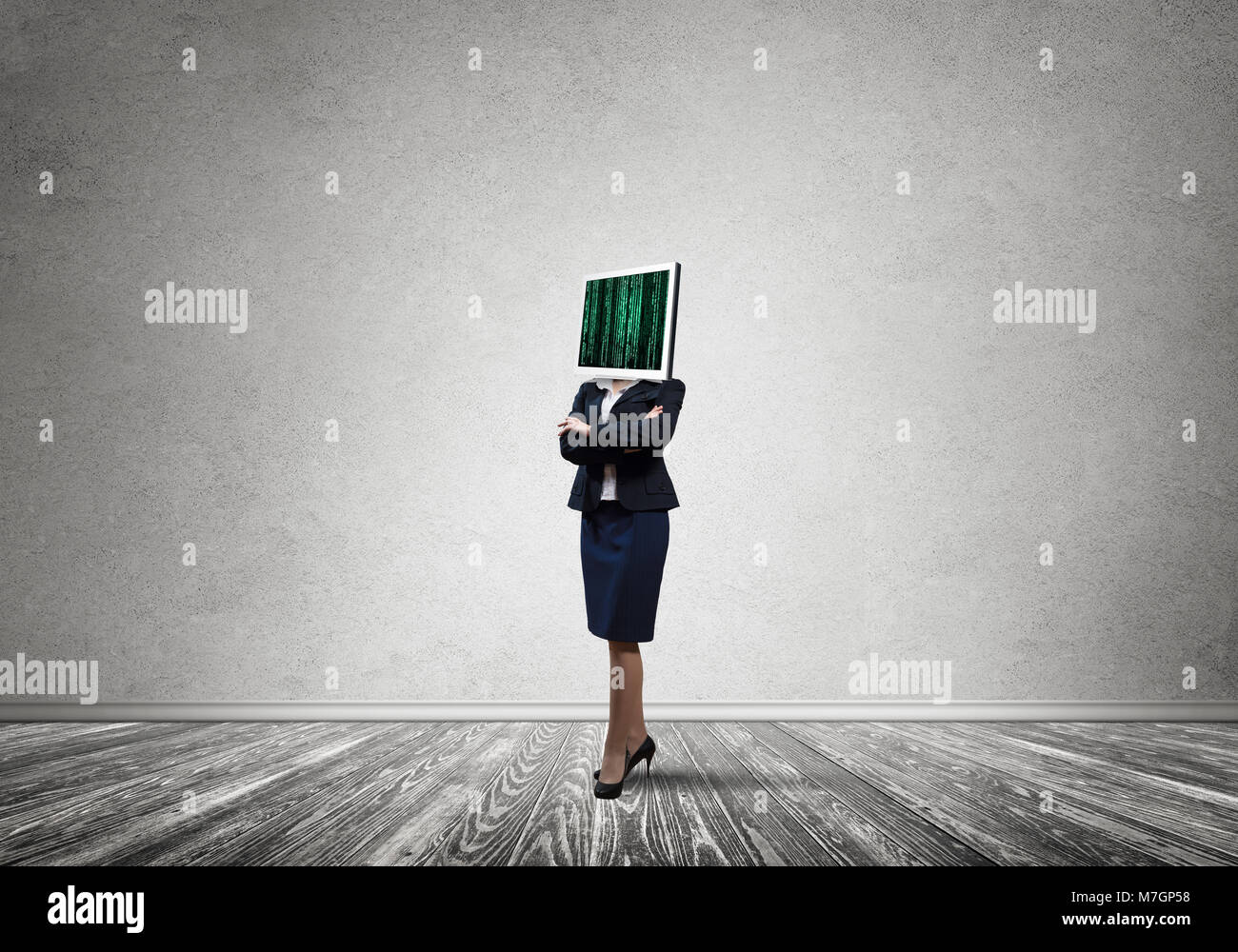 Business woman in suit with monitor instead of head keeping arms ...