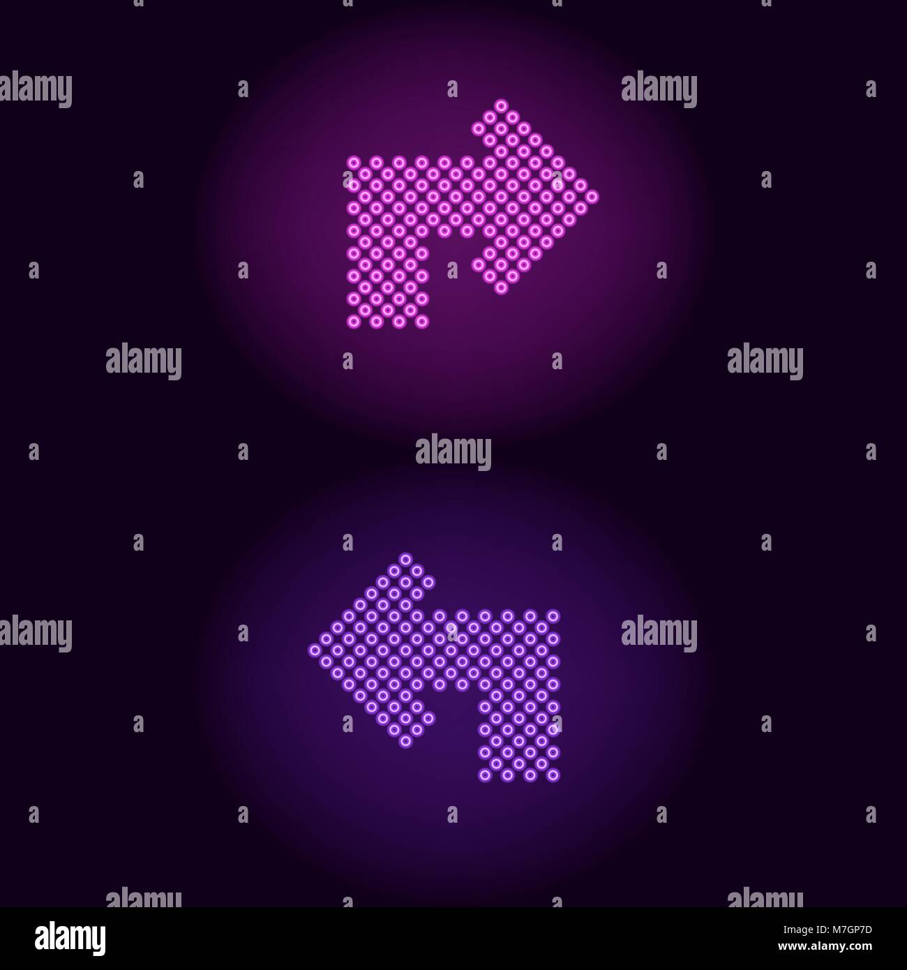 Purple and violet neon arrow with rings. Vector illustration of turning ...