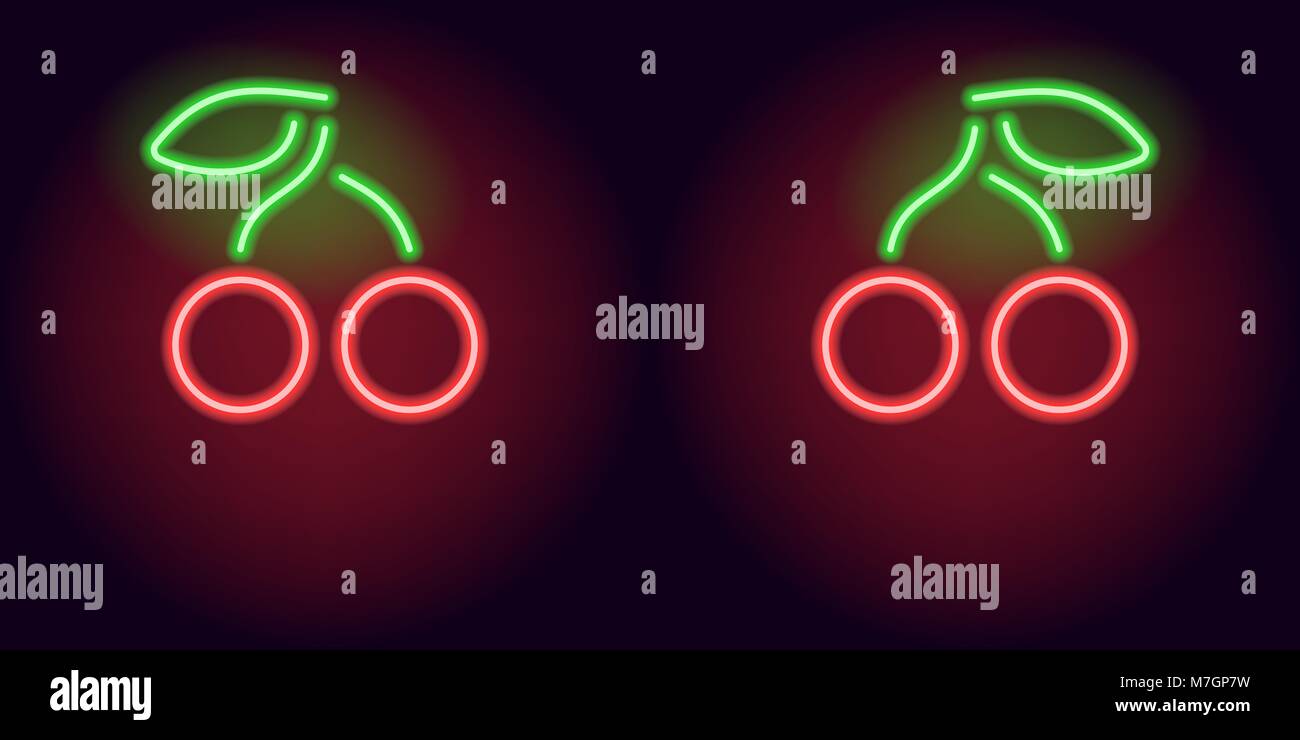 Red neon cherry with leaf. Vector illustration of neon red cherry ...